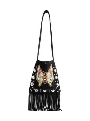 Valentino Garavani Nellcôte Embroidered Fringe Suede Shoulder Bag - Multicolor/nero