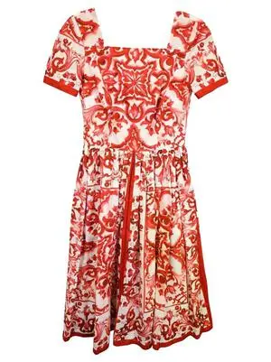Dolce & Gabbana Majolica Pleated Printed Midi Dress - Red