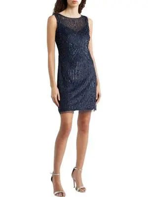 Pisarro Nights Beaded Sleeveless Cocktail Dress - Navy