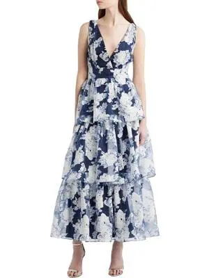 Lulus Vallia Floral Tiered Gown - Navy Floral
