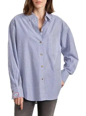 Sanctuary Graphic Striped Cotton Button-up Shirt - Blue/white