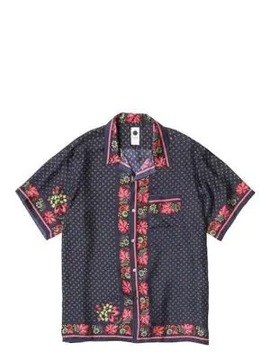 VOWELS Short Sleeve Silk Scarf Shirt - Dark Navy