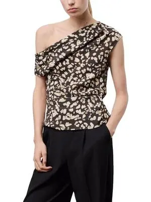 Mango Animal Print Draped Top - Brown