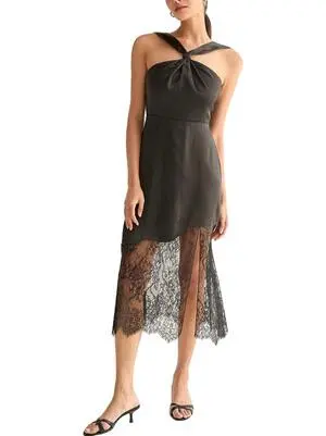 CRESCENT Lace Hem Halter Midi Dress - Black
