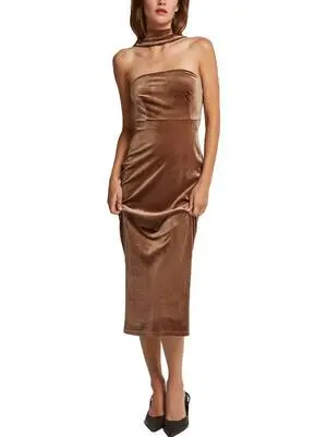 CRESCENT Halter Neck Velvet Tube Midi Dress - Mocha Mousse
