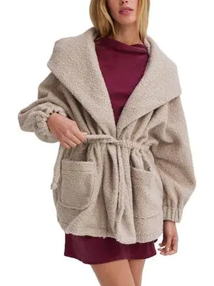 CRESCENT CRESCENT Cinched Waist Hooded Boucle Jacket Stone
