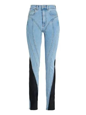 MUGLER Spiral Scuba-paneled High-rise Slim-leg Jeans - Light Denim