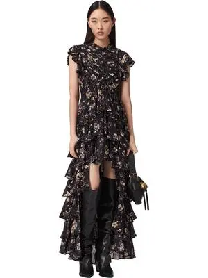 ALLSAINTS Shaela Floral Frill Maxi Dress - Vine Black