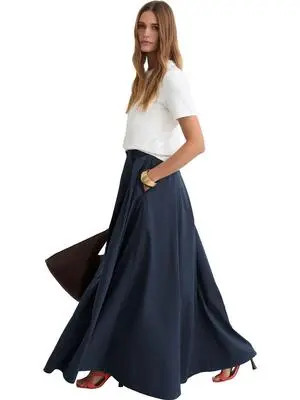 REISS Simone Cotton-blend Pleated Maxi Skirt - Navy