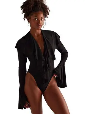 Norma Kamali Long-sleeve Deep-v Ruffle Bodysuit - Black