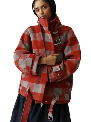 DAMSON MADDER Wool Mock-neck Bomber Jacket - Red Plaid