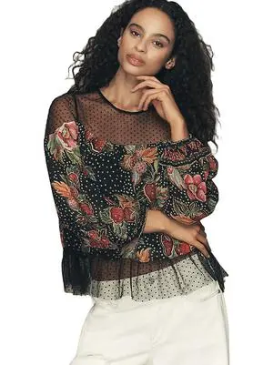 Farm Rio Long-sleeve Sheer Mesh Top - Black Floral
