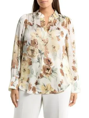 Anne Klein Floral Satin Top - White Dove Multi