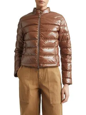 Moncler Papillon Crop Lacquered Nylon Puffer Jacket - Brown