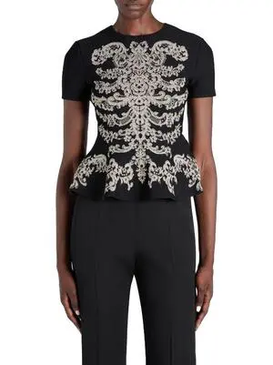 Alexander McQueen Ribcage Jacquard Peplum Top - Black