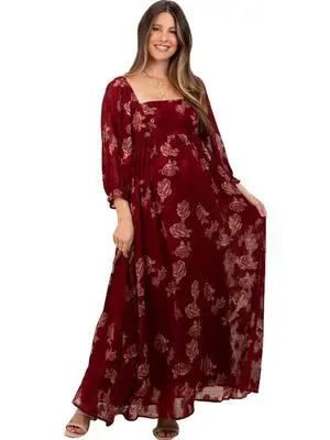 PINKBLUSH Floral Textured Peasant Babydoll Maxi Dress - Burgundy