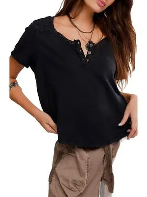 Free People Heirloom Henley Top - Black