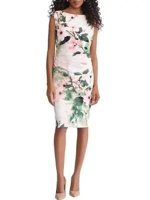 KASPER Floral Side Pleat Sheath Dress - Vanilla Ice Multi