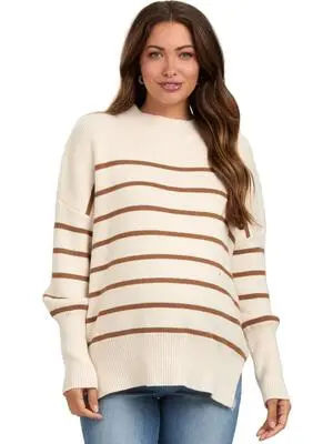 PINKBLUSH Striped Drop Shoulder Maternity Sweater - Beige