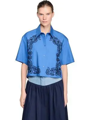 Sandro Embroidered And Beaded Cotton Shirt - Blue