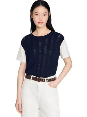 Sandro Pointelle Knit Sweater - Navy Blue