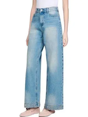 Sandro High-waisted Straight-leg Rhinestone Jeans - Blue Jean