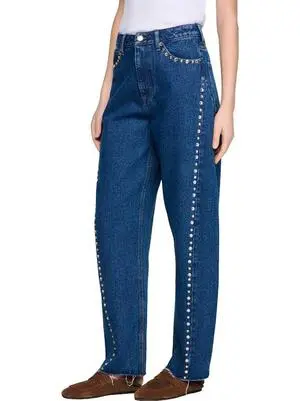 Sandro Rhinestone Barrel Jeans - Blue Jean