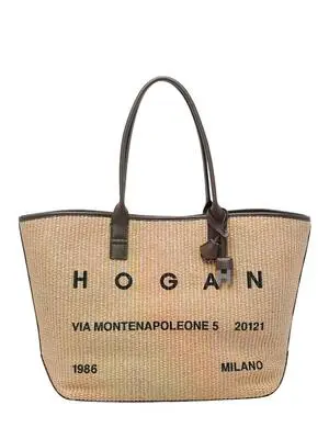 Hogan Raffia Tote Bag With Logo - Neutrals