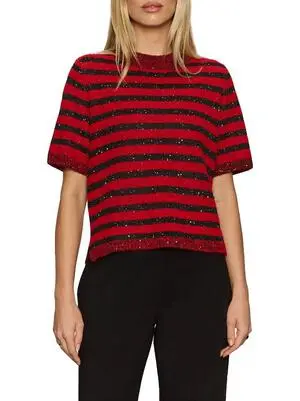 Sanctuary Striped Sequined Sweater - Cherry Lacquer Red