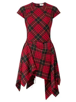 Alexander McQueen Asymmetric Layered Pleated Checked Woven Mini Dress - Red