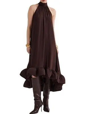 MALINA Sabrina Halterneck Ruffled Maxi Dress - Chocolate