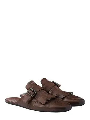 Prada Antiqued Leather Mules With Buckled Strap And Fringe - Brown