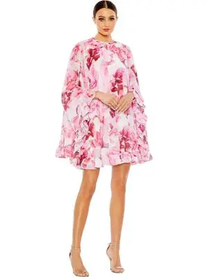 Mac Duggal Floral Print Cape Mini Dress - Pink Multi