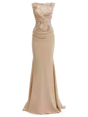 GEMY MAALOUF Fitted Embroidered Maxi Dress - Neutrals