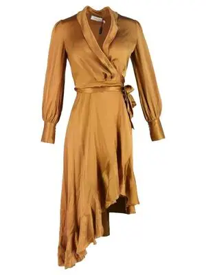 Zimmermann Asymmetric Ruffled Wrap Midi Dress - Brown