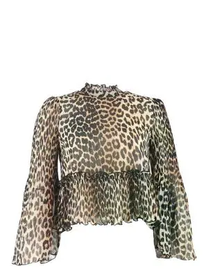 GANNI Leopard-print Ruffle Trim Blouse - Brown