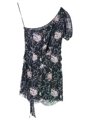 LoveShackFancy Floral One-shoulder Silk Dress - Black