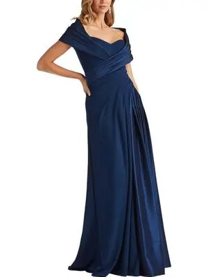 Tadashi Shoji Portrait Collar Satin & Crepe Gown - Navy