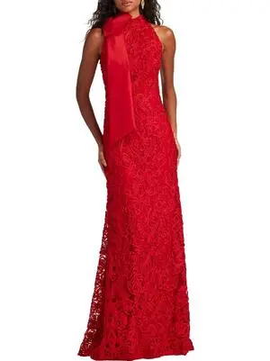 Tadashi Shoji Ribbon Bow Sleeveless Gown - Cherry