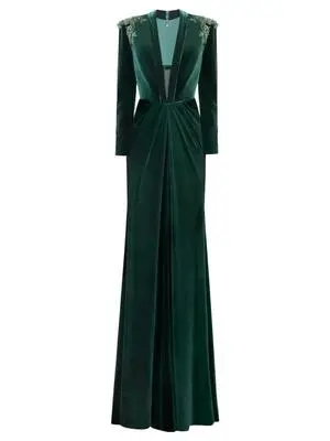 GEMY MAALOUF Beaded-shoulders Velvet Maxi Dress - Green
