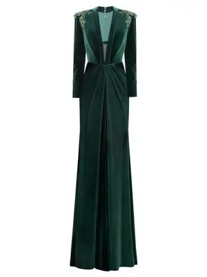 GEMY MAALOUF Beaded-shoulders Velvet Maxi Dress - Green