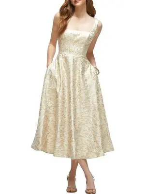 Dessy Collection Metallic Floral Brocade Cocktail Dress - Champagne Filigree