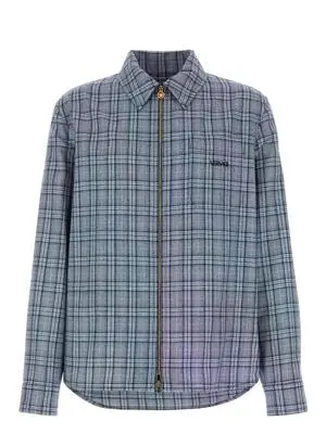 Versace Embroidered-logo Checked Wool Shirt - Grey