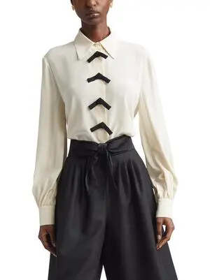 Valentino Garavani Bow Detail Silk Crêpe De Chine Button-up Shirt - Vanilla