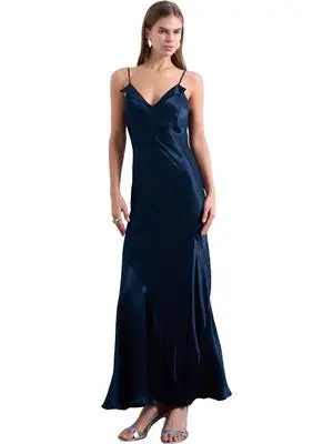 Topshop Folded Neck Satin Slip Maxi Dress - Navy