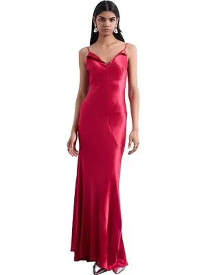 Topshop Folded Neck Satin Slip Maxi Dress - Rose Maroon