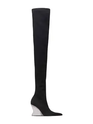 Balmain Knit Thigh-high Wedge Boots - Black