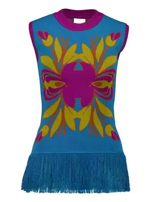 PAULA Jacquard Vest With Fringe Trim - Blue