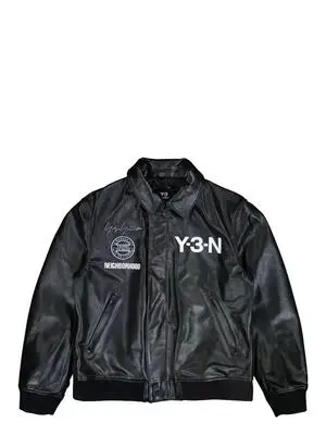 Y3 Logo Leather Bomber Jacket - Black