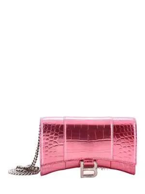 Balenciaga Hourglass Chain Wallet Crocodile Embossed Leather Clutch Bag - Metallic